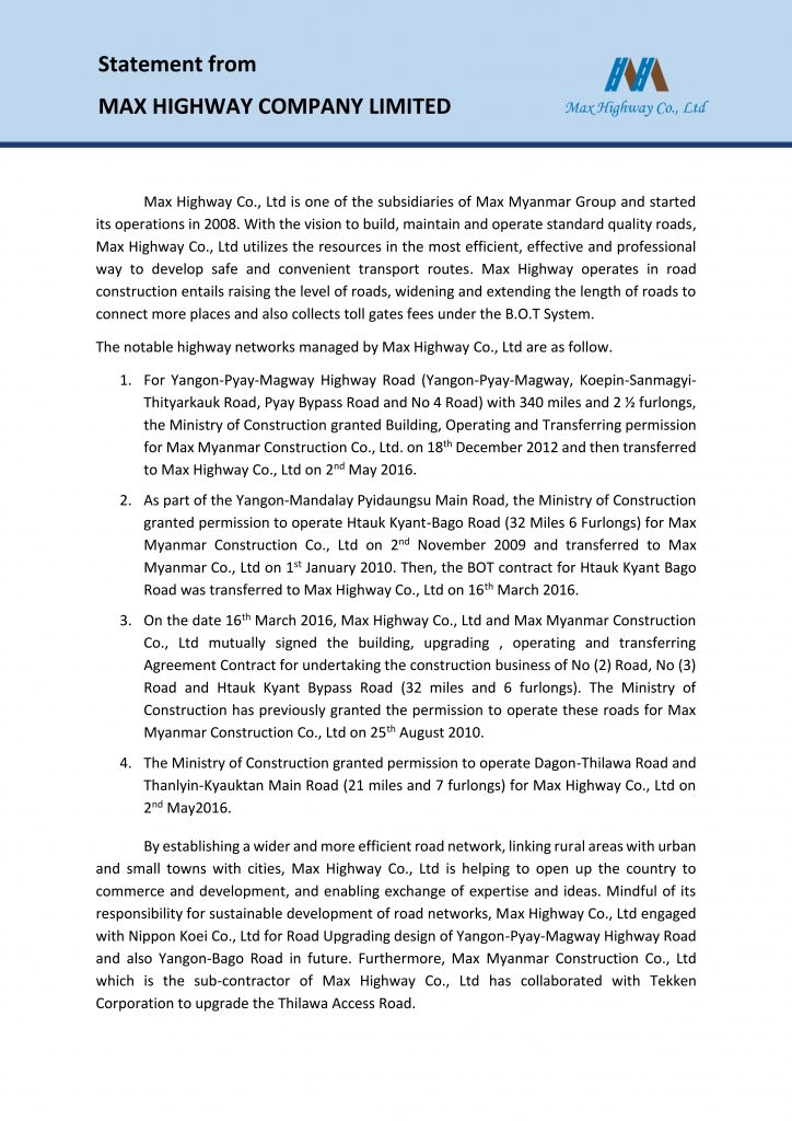 Statement from MAX HIGHWAY COMPANY LIMITED - Max Myanmar Group
